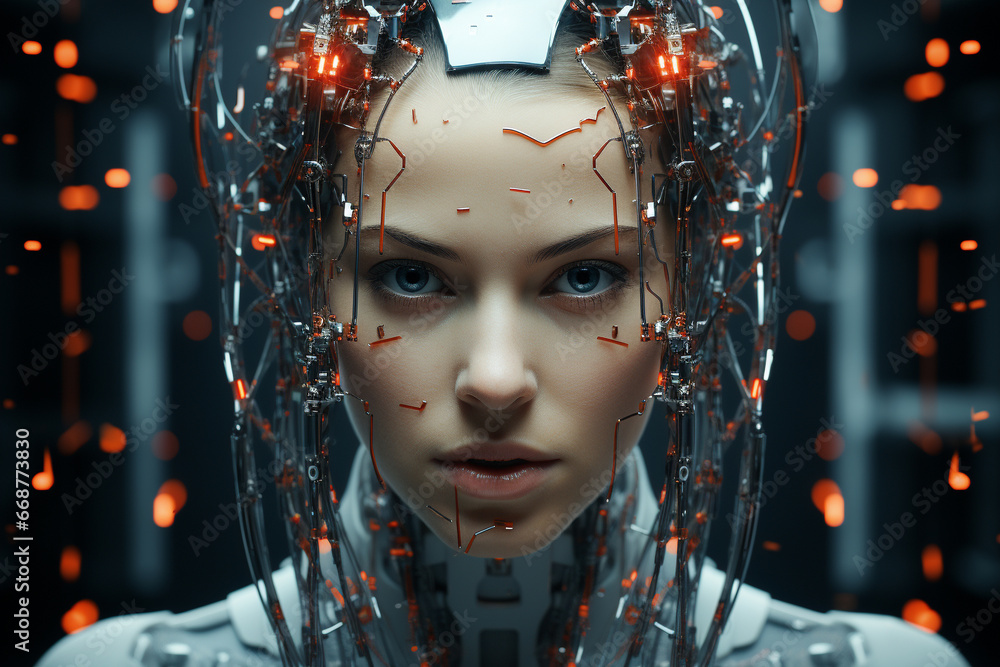 A futuristic metaverse concept merging female faces with AI robotics ...