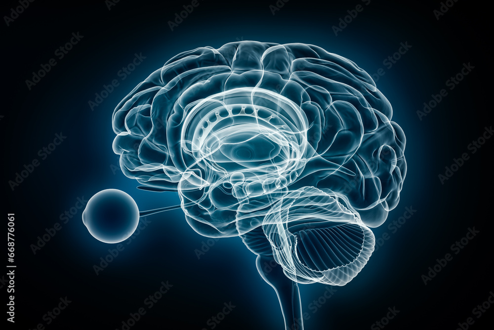 X-ray profile view of the full brain with eyes 3D rendering ...