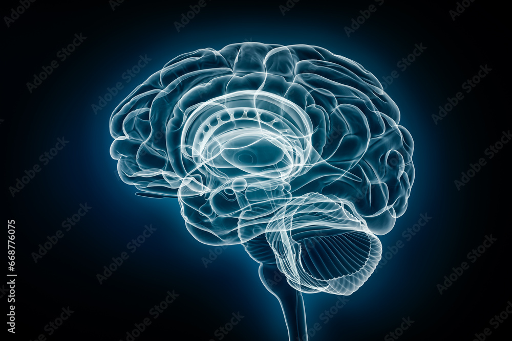 X-ray profile view of the full brain 3D rendering illustration. Human ...