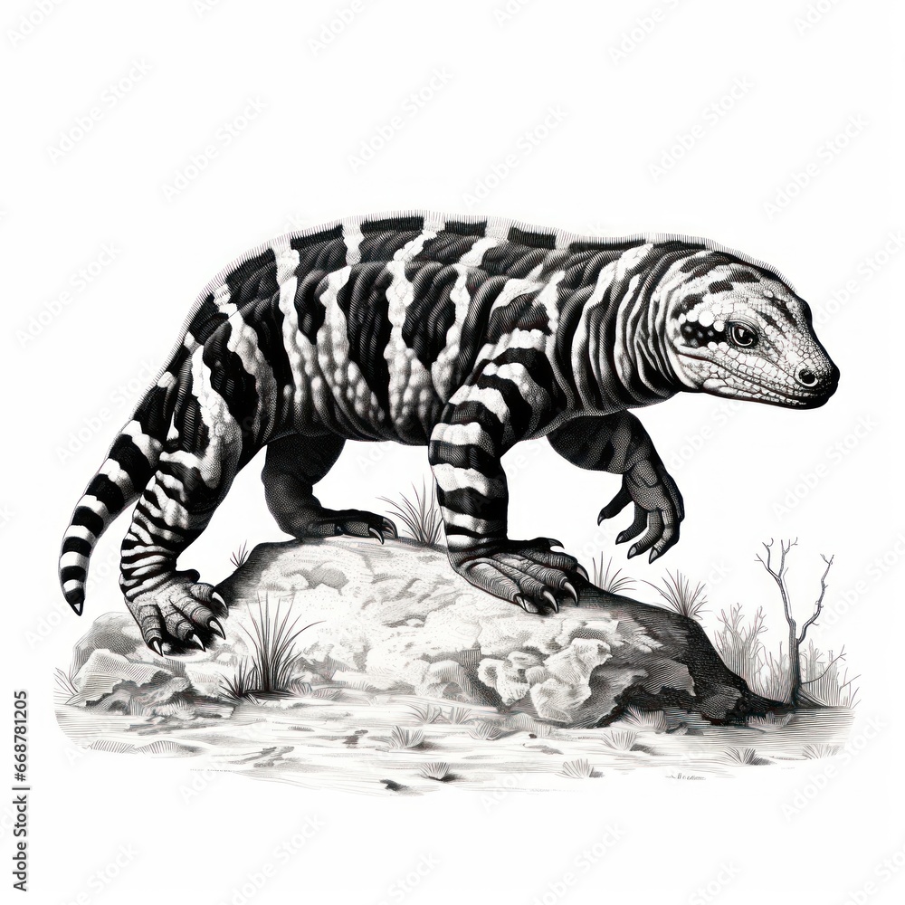 Vintage-style Gila Monster engraving on white background, reminiscent ...