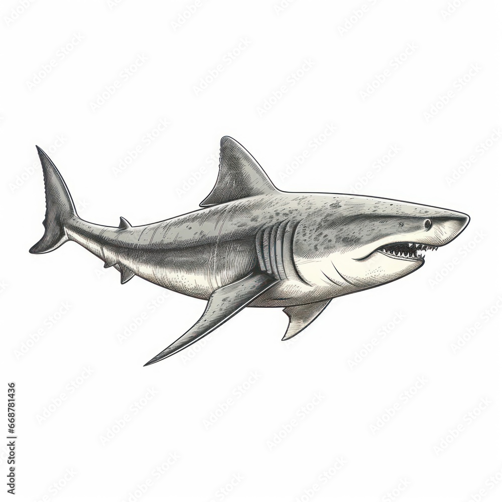 Vintage engraving of a Great White Shark in 1800s style, beautifully ...