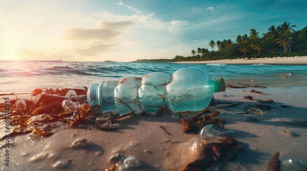 Save ocean. trash garbage at the beach and plastic bottles are ...