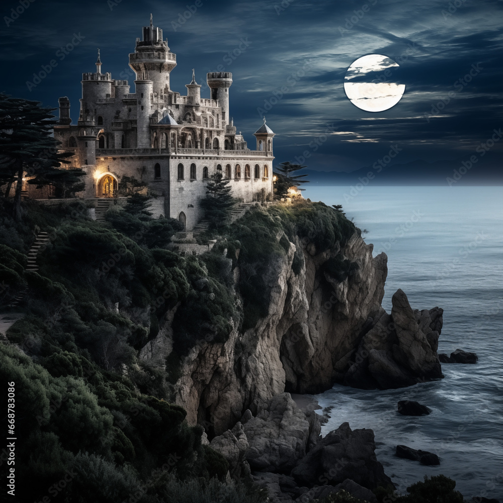 view of the castle of the moon, a huge castle on the cliffside ...