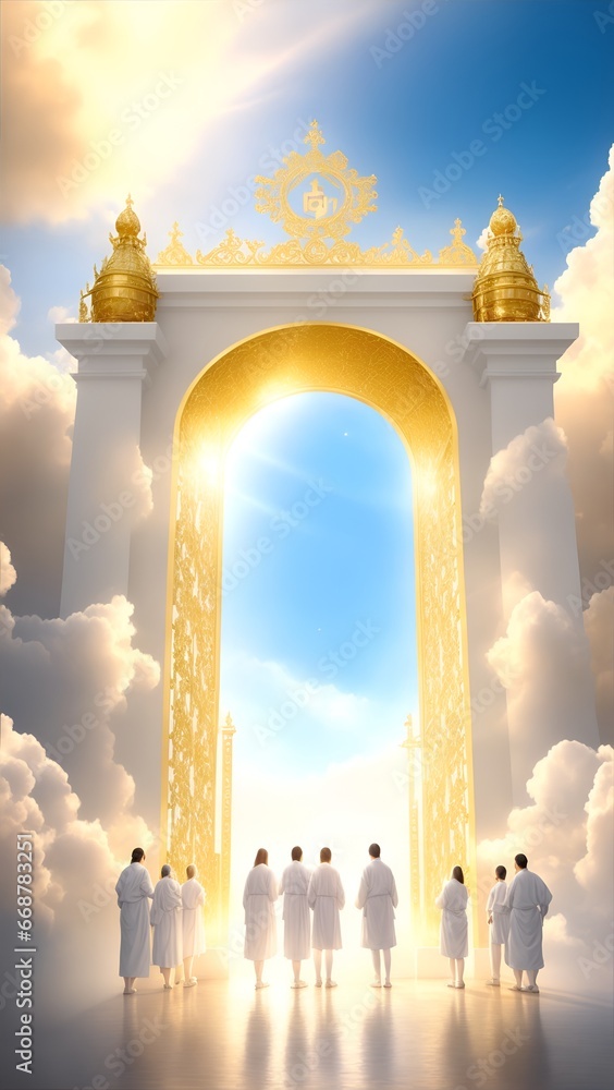 The righteous in white robes at the shining gates of the entrance to ...