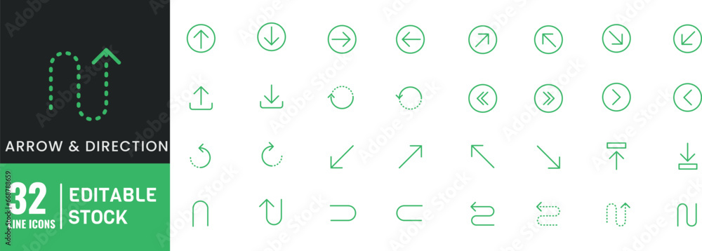 Arrow and Direction Line Icon Set. Cursor, up, down, right, left ...