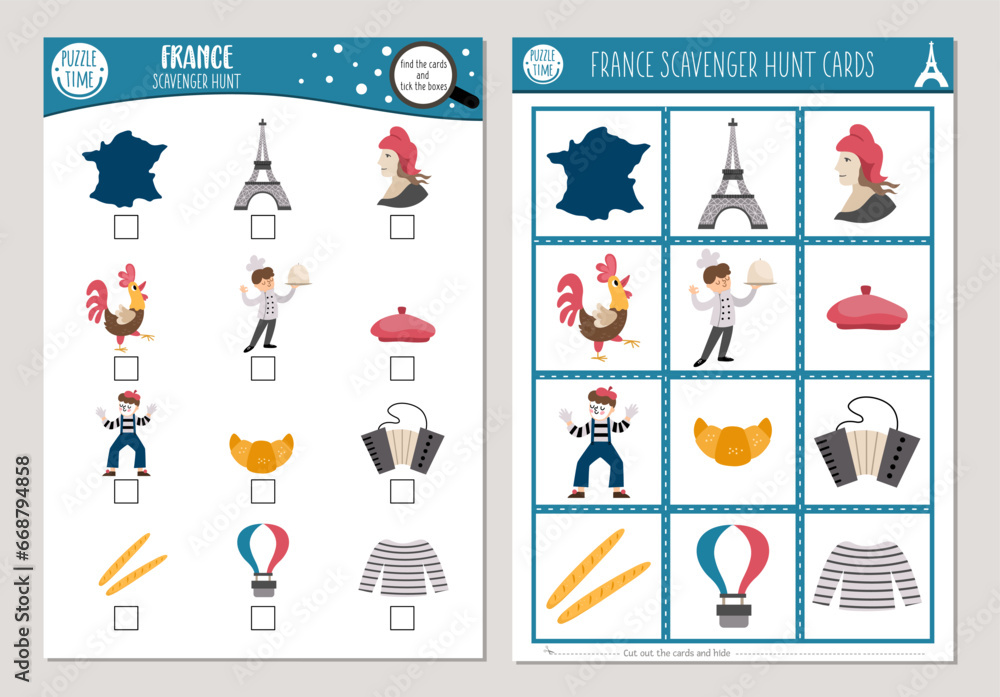 Vector French scavenger hunt cards set. Seek and find game with cute ...