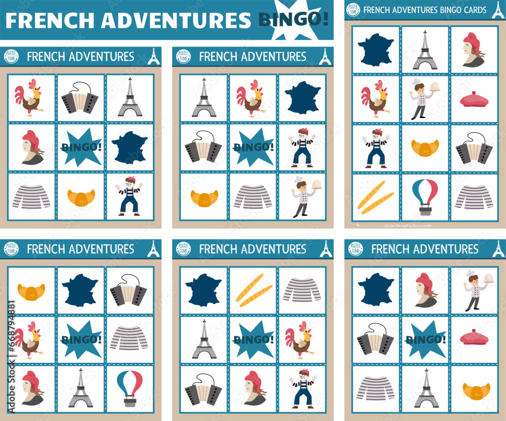 Vector French bingo cards set. Fun lotto board game with cute Eiffel ...