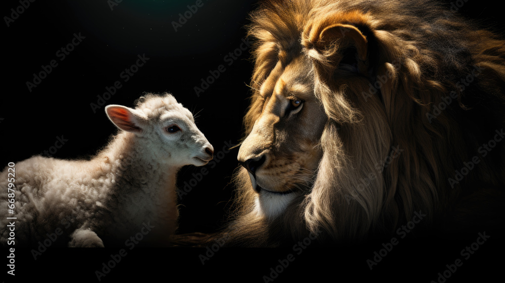 The Lion and the Lamb together in an image on a black background. Stock ...