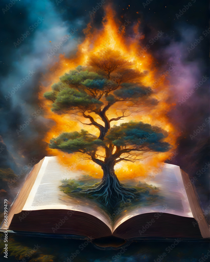 Burning bush tree coming out of a book ai generated mystical spiritual ...