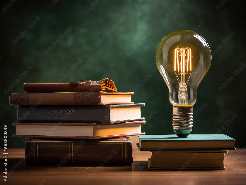 Books, a glowing bulb, and a blurred chalkboard. This image captures ...