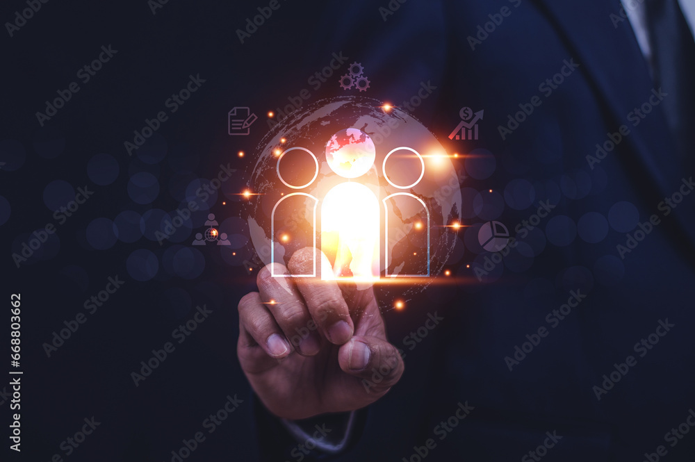 Businesspeople touching on screen to target customer. Target customer ...