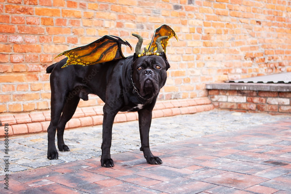 Black Cane Corso dog in a dragon costume with wings and horns on the ...