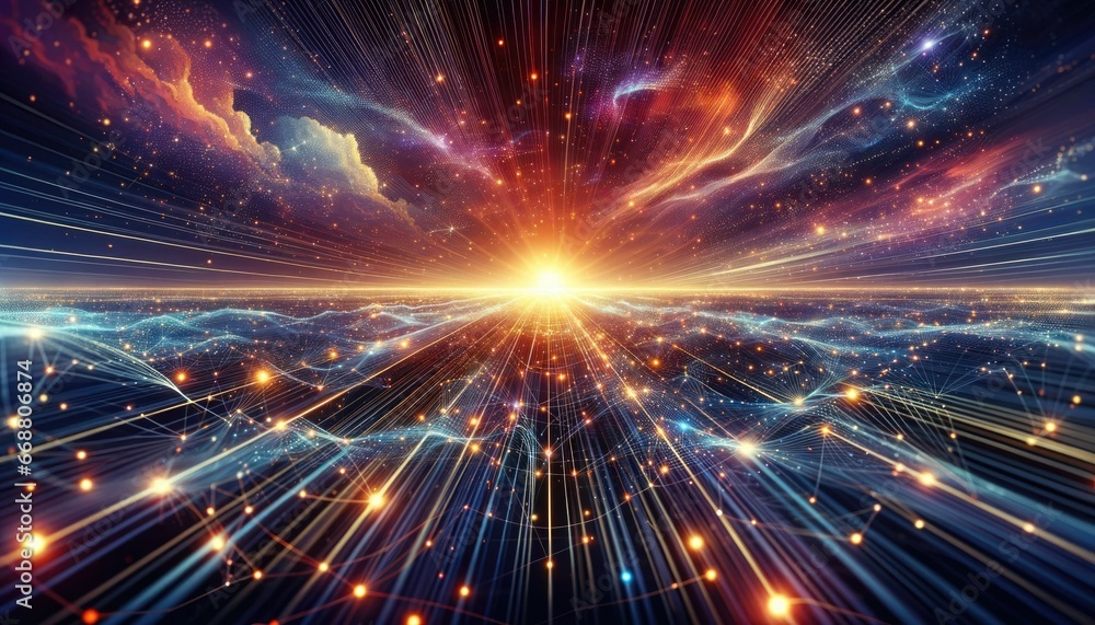 An explosion of radiant light emanates from the horizon, merging with ...