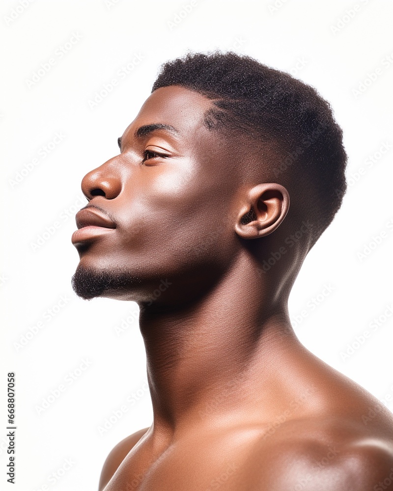 Portrait black man with flawless and glowing melanin skin isolated on white background, side ...