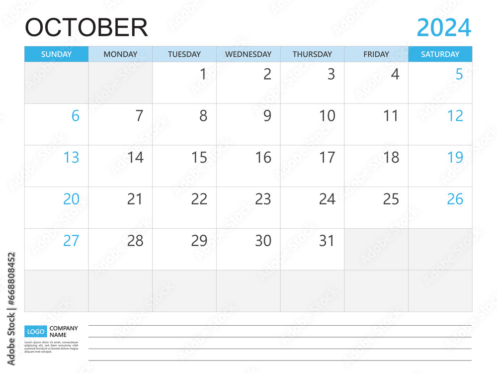 Calendar planner 2024 template- October 2024 year, week start on Sunday ...