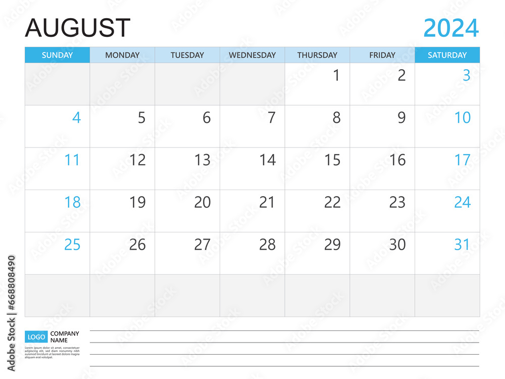 Calendar planner 2024 template- August 2024 year, week start on Sunday ...