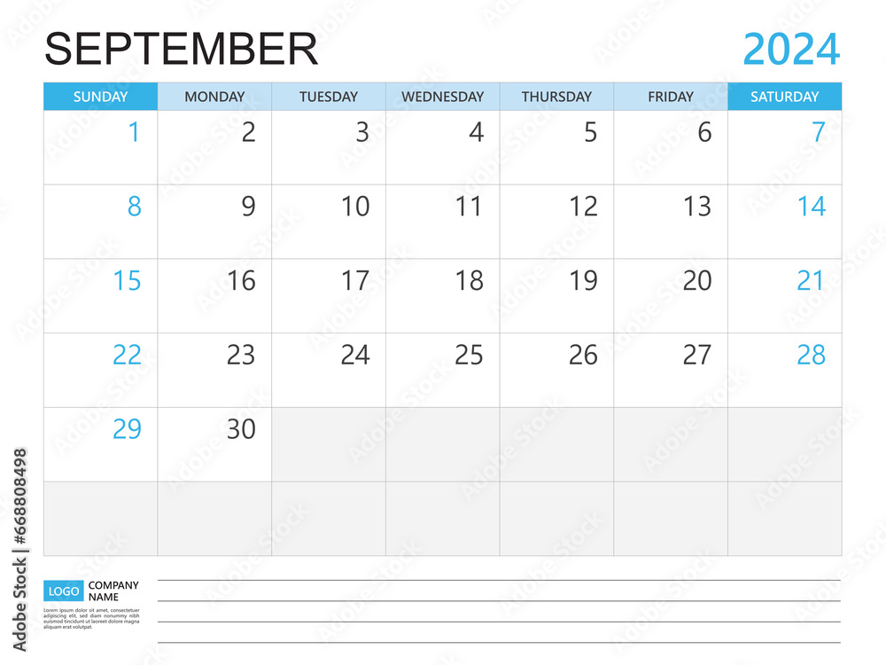 Calendar planner 2024 template- September 2024 year, week start on ...