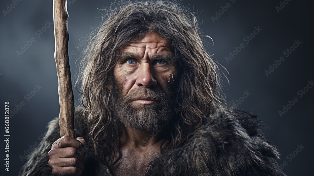 Our early human ancestor, the Neanderthal, equipped with a lance, has ...