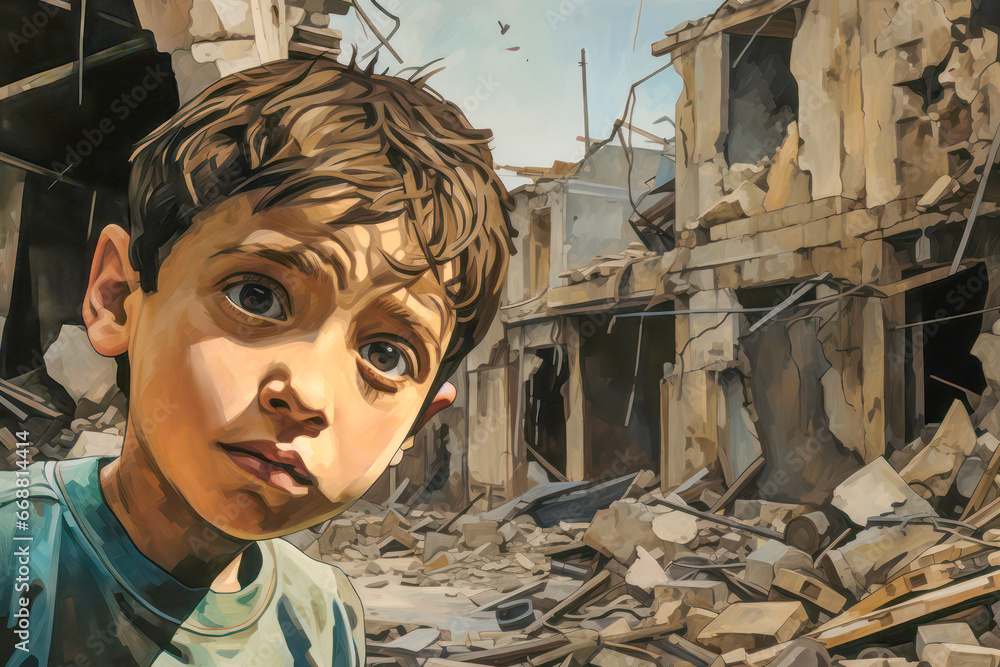 Sad child from building debris caused by natural disasters. Human ...