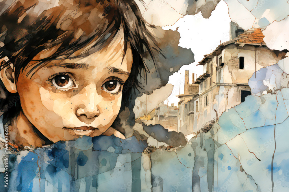 Sad child from building debris caused by natural disasters . Human ...