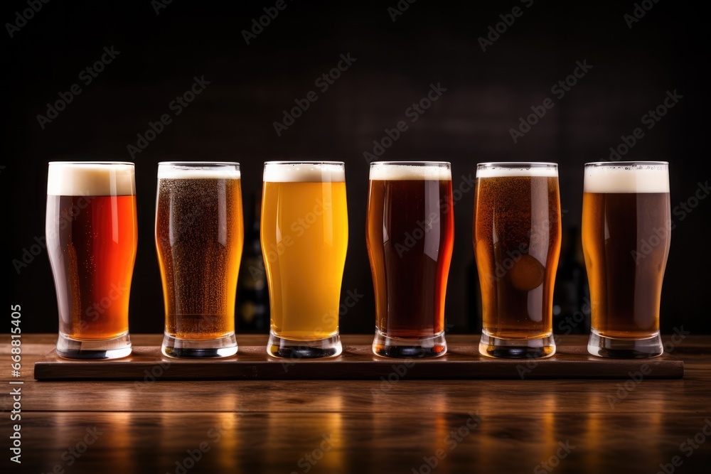 Glasses Of Different Types Of Beer In Row. Сoncept Beer Tasting, Craft ...