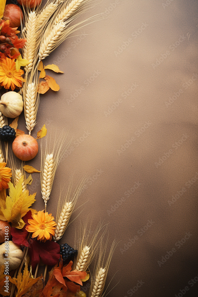 Autumn nature background border with food, flora and fauna on lokta ...