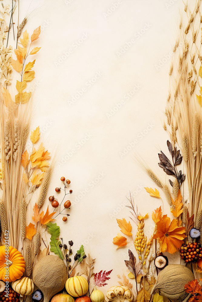 Autumn nature background border with food, flora and fauna on lokta ...