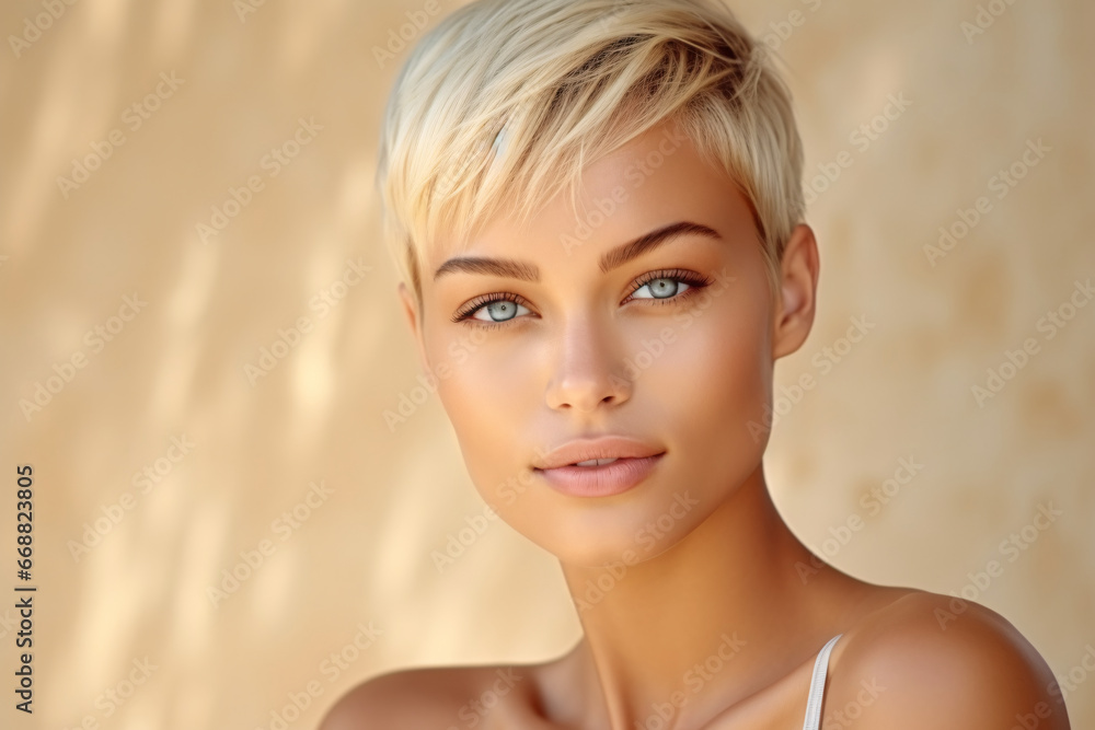 Happy young blonde girl smiling, feminine gen z model with short blonde ...