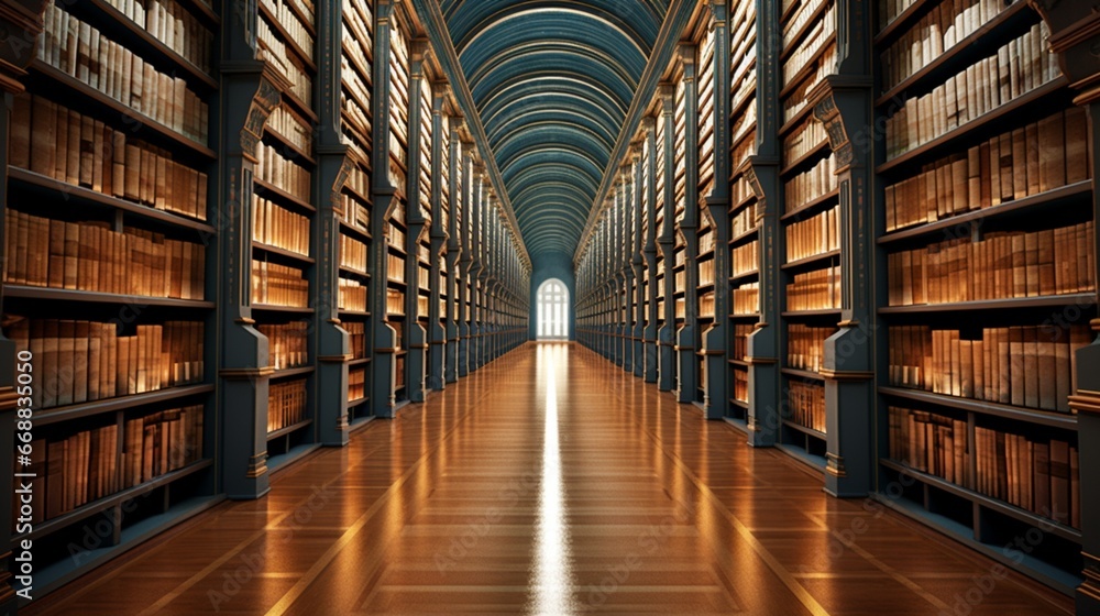 The harmonious symmetry of library aisles, guiding the visitor into ...