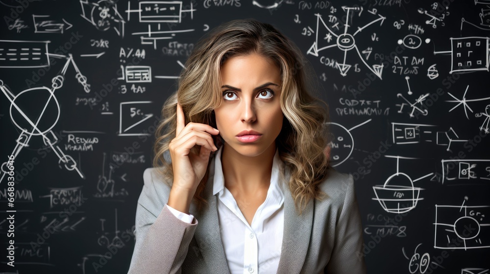 Confused woman in professional attire stands in front of whiteboard ...