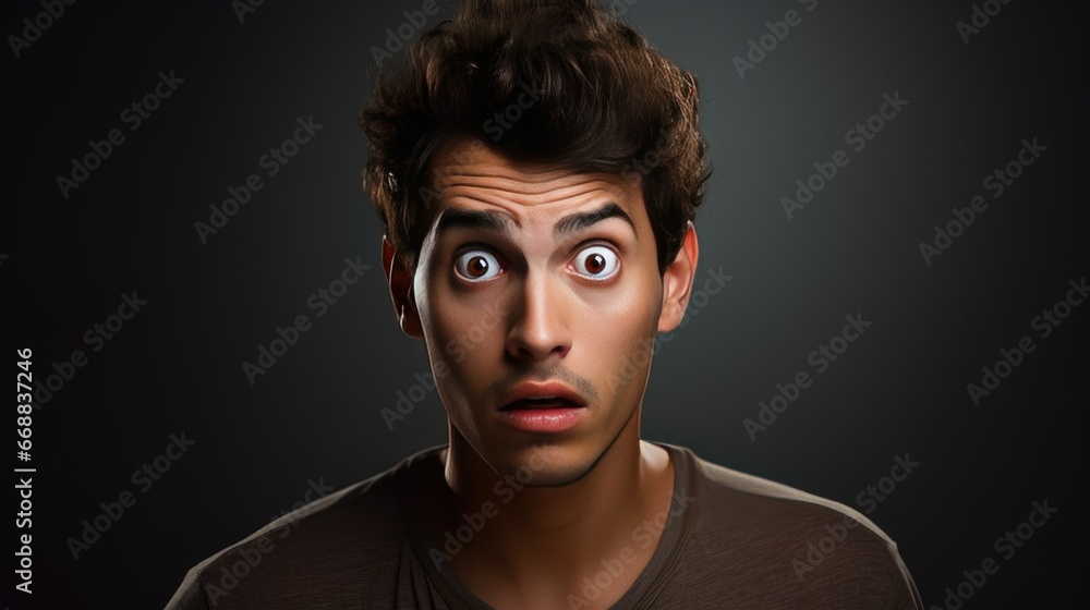 Confused person in dimly lit room, furrowed brows, wide open eyes ...