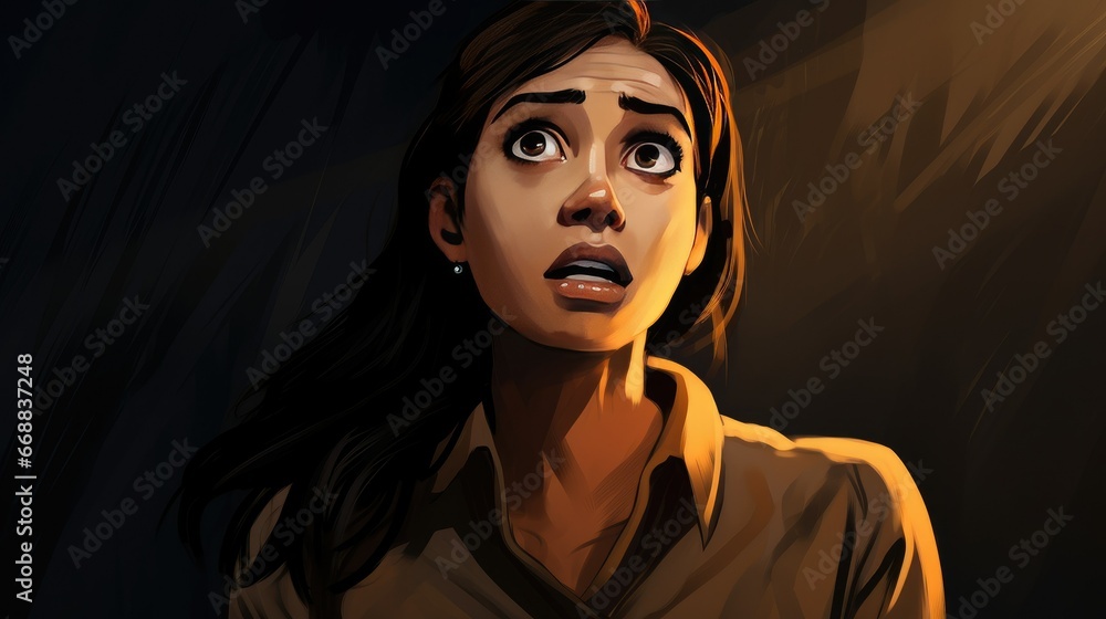 Confused woman with furrowed brow, wide open eyes, and tousled hair ...