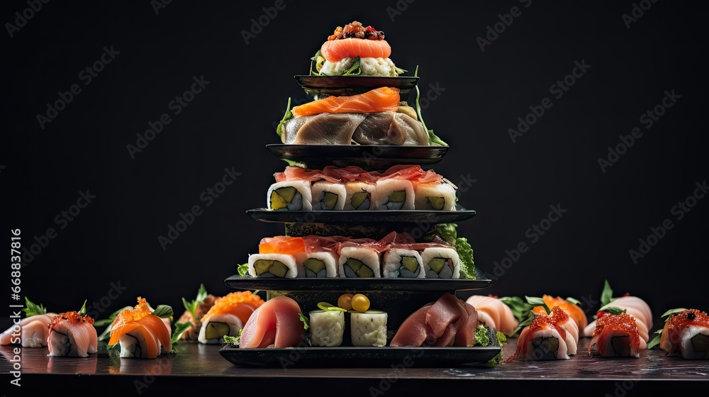 a stack of sushi on a table with several different types of sushi on ...