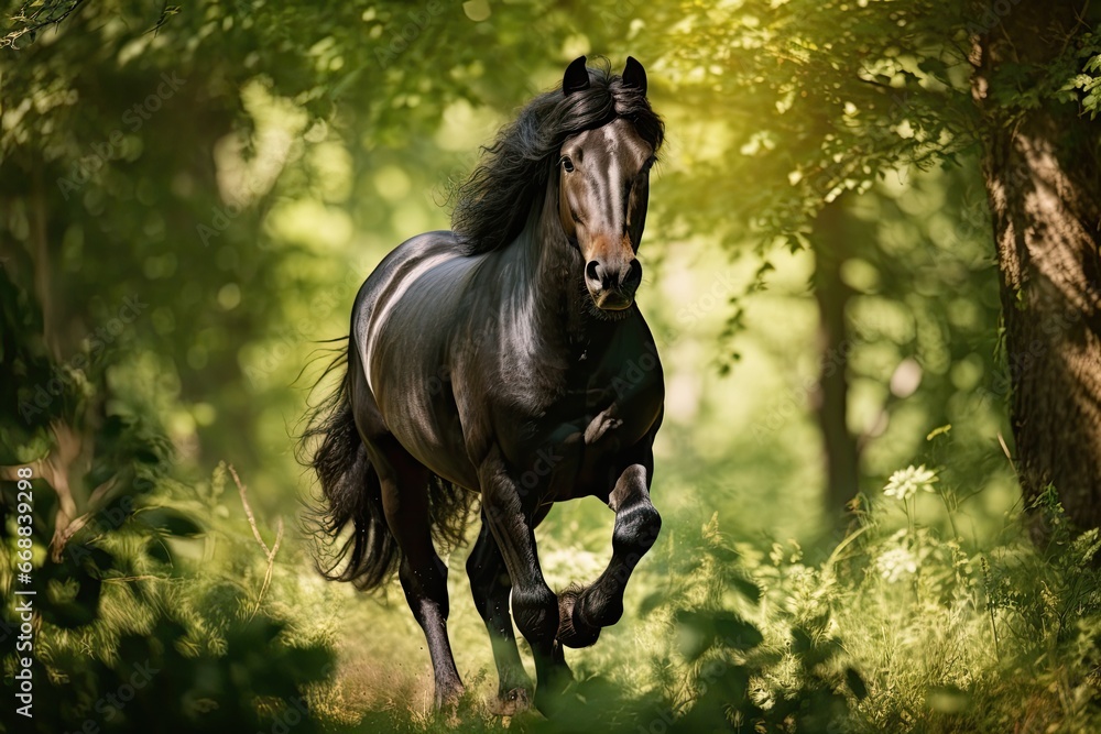 a black horse running through a lush green forest filled with tall ...