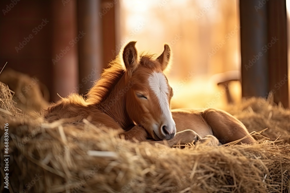 a brown horse laying on top of a pile of hay in a stable, with a ...