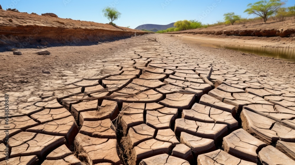 Cracked riverbed with dry plants, sharp shadows, and intense sun rays ...