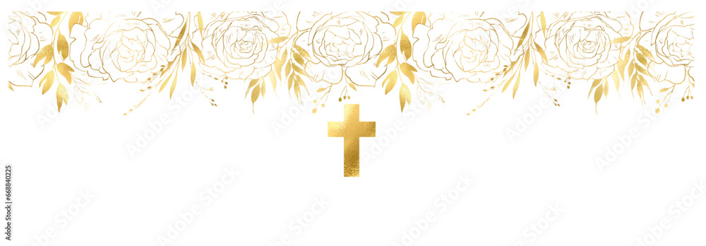 Golden cross and flowers, vector illustration, linear floral border and ...