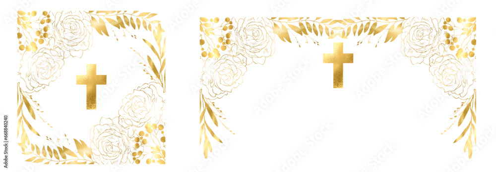 Golden cross and flowers, vector illustration, linear floral border and ...