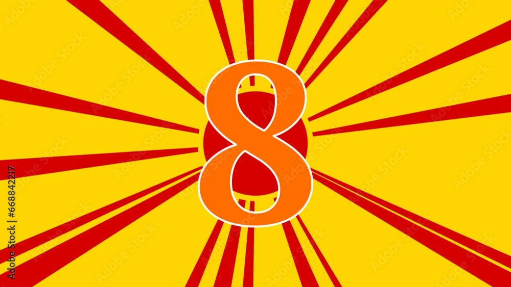 Number eight symbol on the background of animation from moving rays of ...
