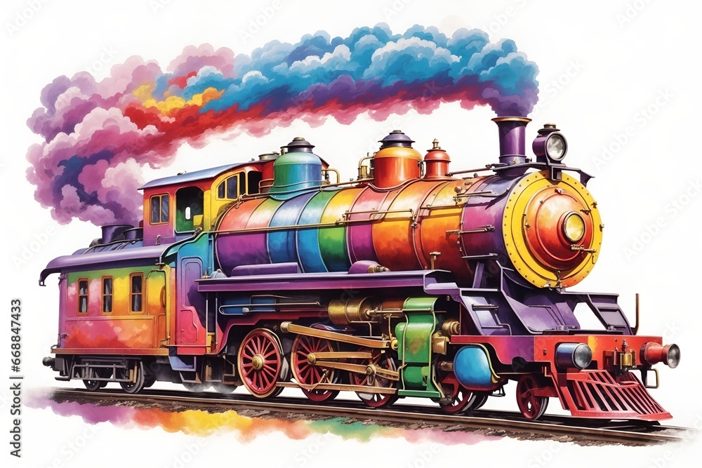 Rainbow steam train on the railroad, ai generated Stock Illustration ...
