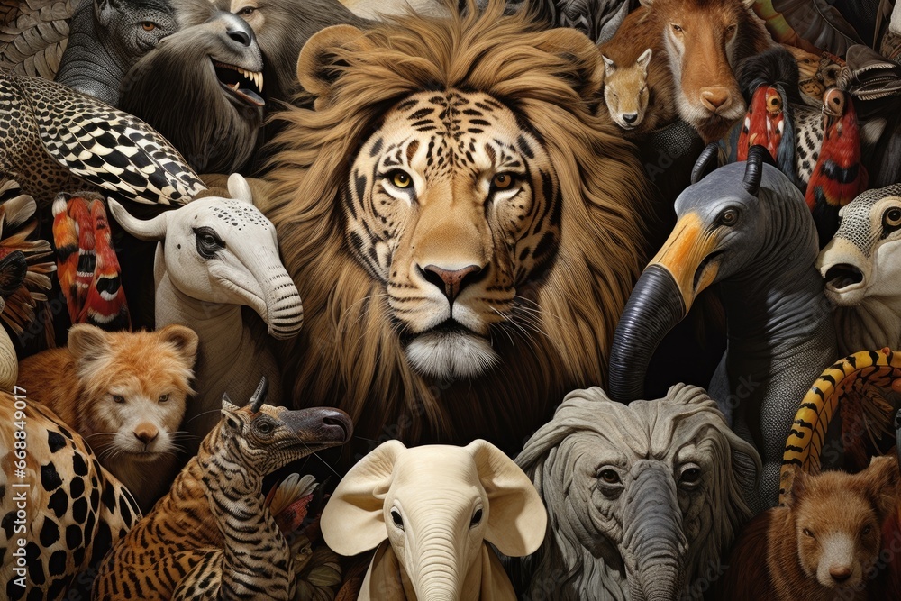 Animalistic collage depicting animals and their skins Stock ...