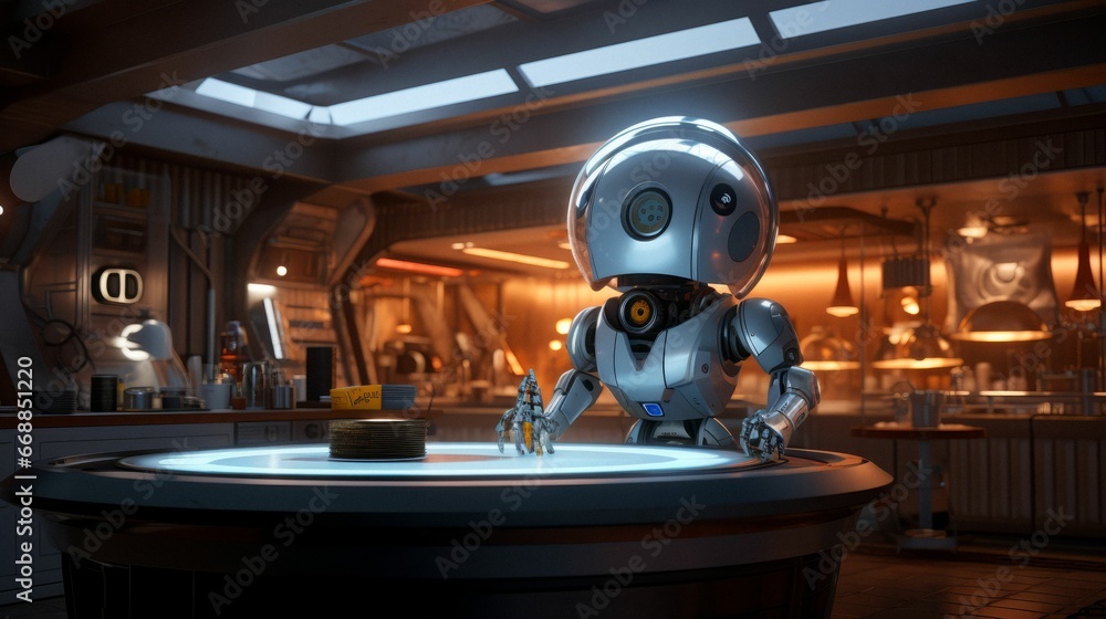 An AI illustration of a robot sits behind a table inside a space ...