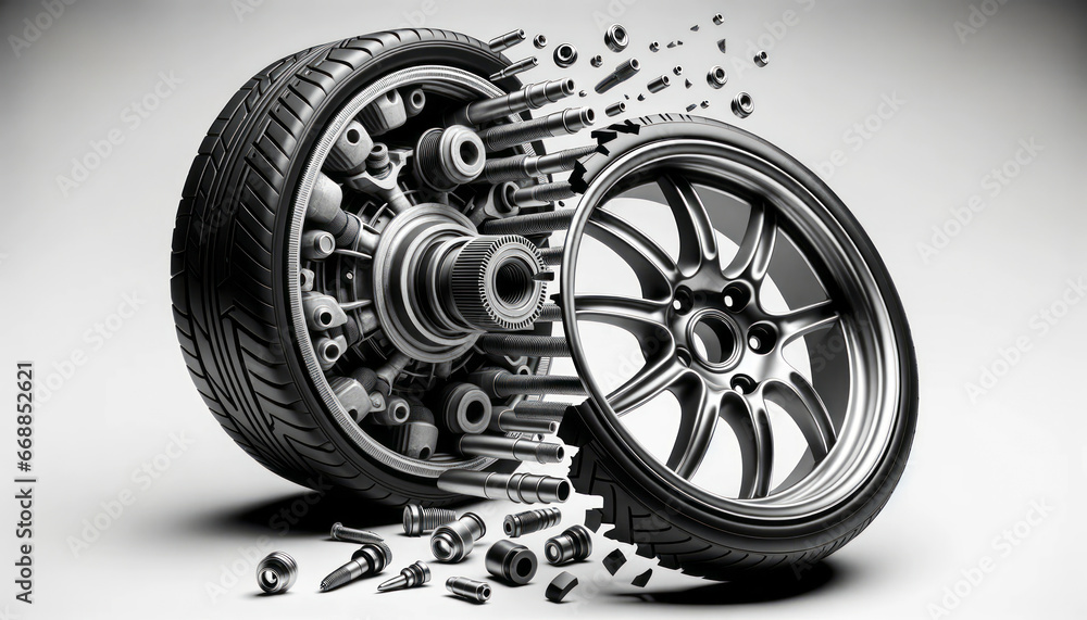 3D render of a classic wheel breaking apart, with the pieces ...