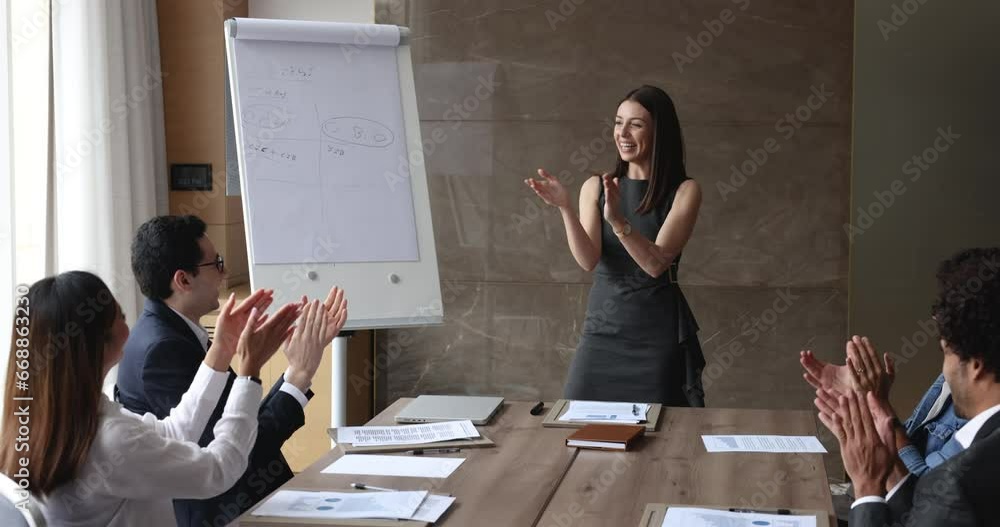 Female boss makes final speech finishing formal meeting or seminar with ...