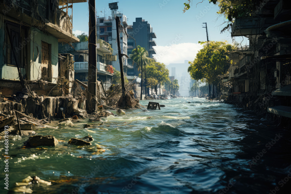 A coastal city submerged in rising seawater due to sea-level rise ...