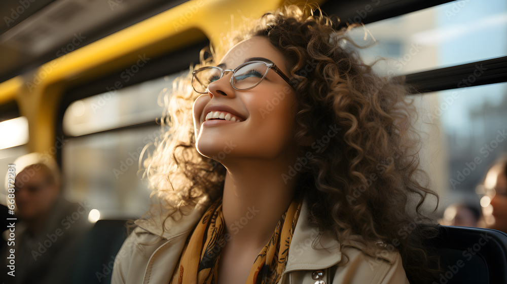 Pensive young woman, happily gazing out the window during her morning ...