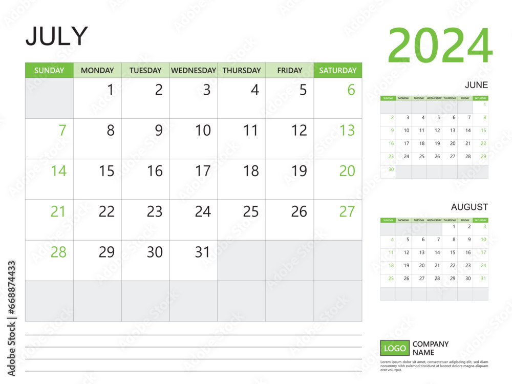 July 2024 year, Calendar planner 2024 template, week start on Sunday ...