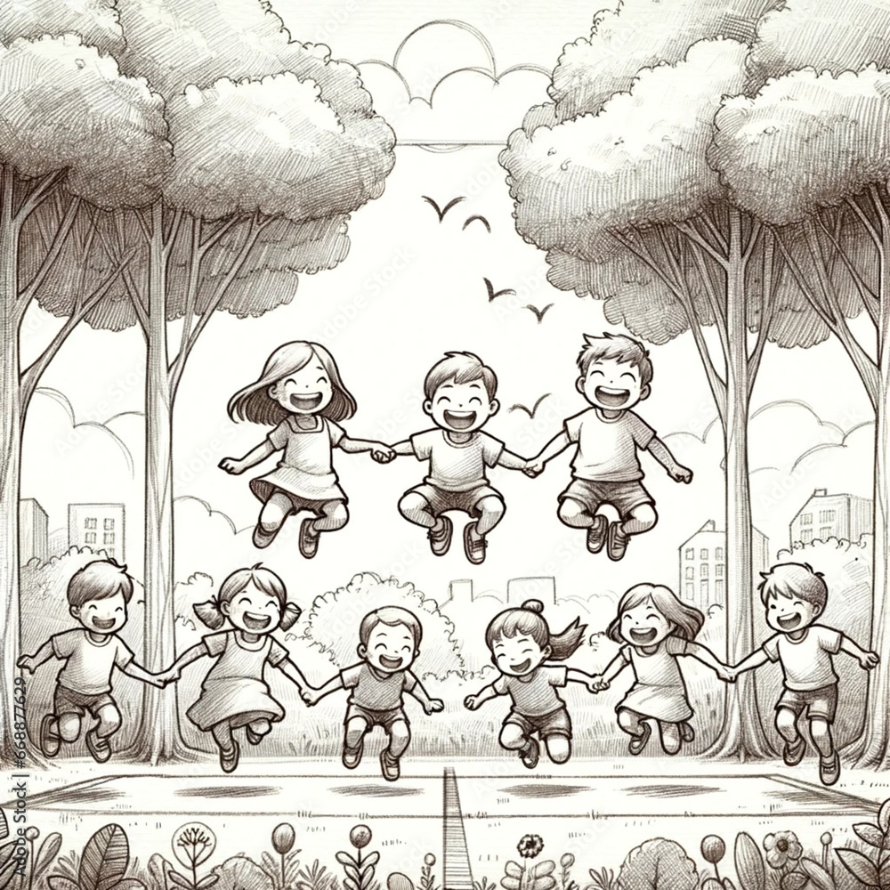 drawing of a group of children playing leapfrog in a park, laughing and ...