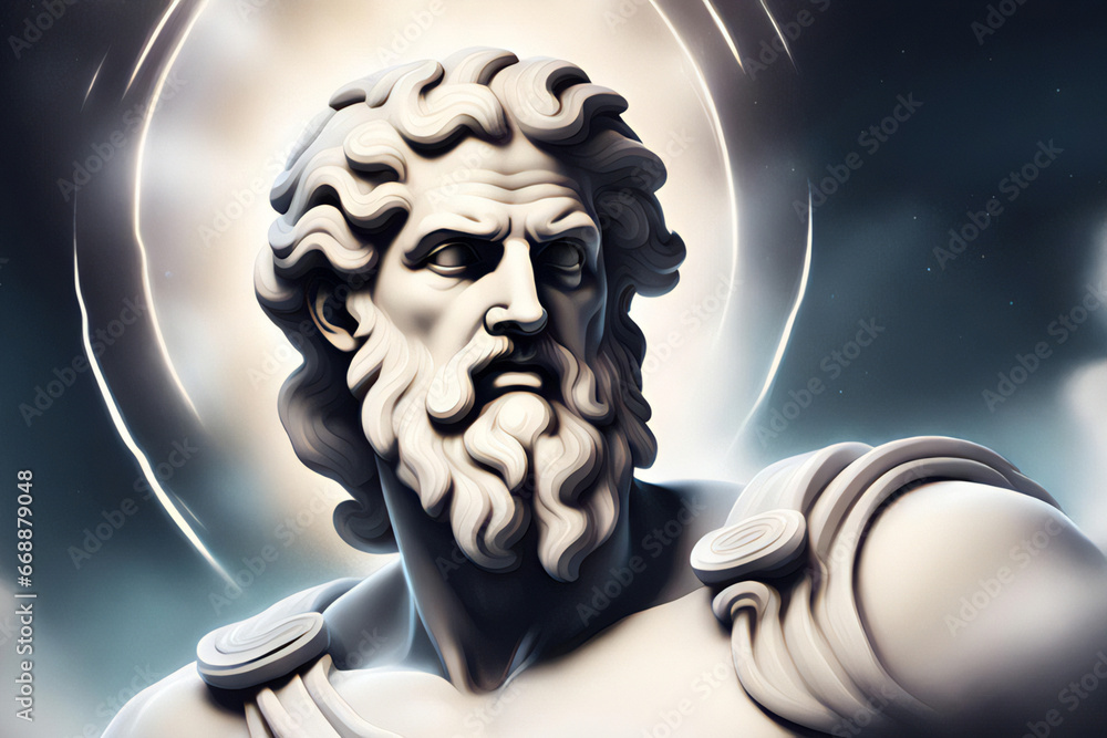 Marble Zeus head isolated on black background. Copy space, close up ...