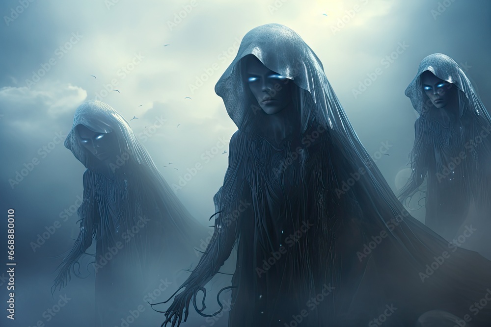 Fantasy scene with two scary women in the fog, 3d illustration ...